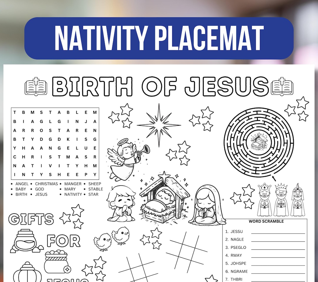 Nativity Activity Placemat, Nativity Coloring Page for Kids, Birth of ...