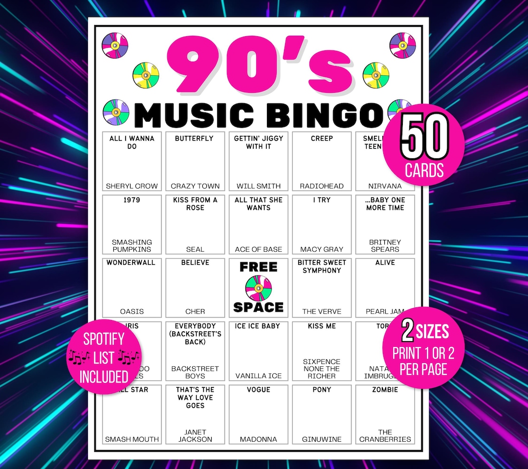 90s Bingo, 90s Song Bingo, 90s Music Bingo, 90s Retro Bingo, 50 ...