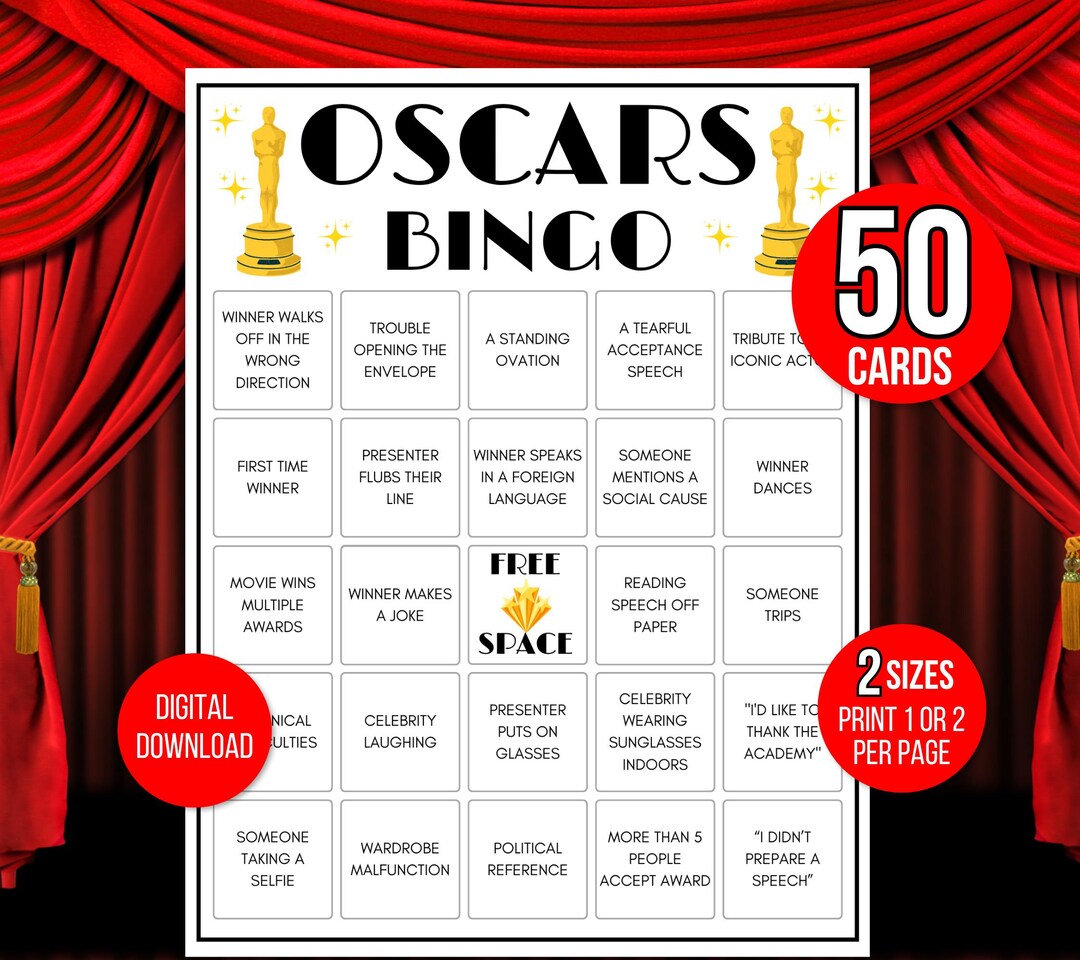 Oscars Bingo, 50 Oscars Bingo Cards, Oscars Watch Party Bingo, Movie ...