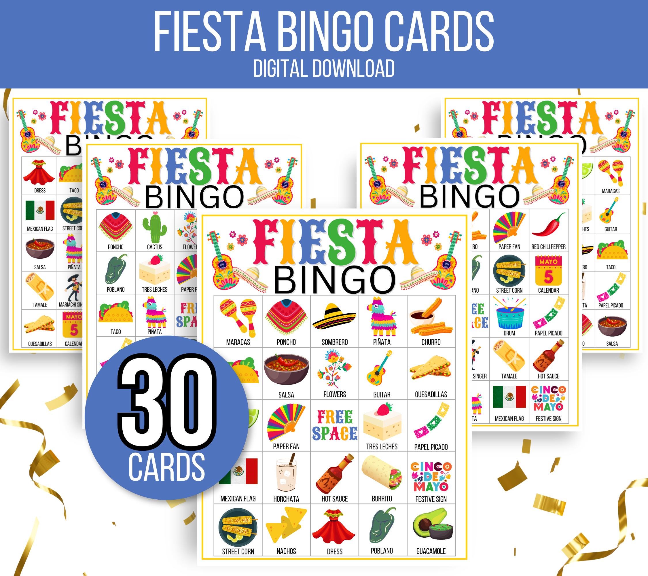 Fiesta Bingo, 30 Printable Fiesta Bingo Cards, Fiesta Activity for Kids ...