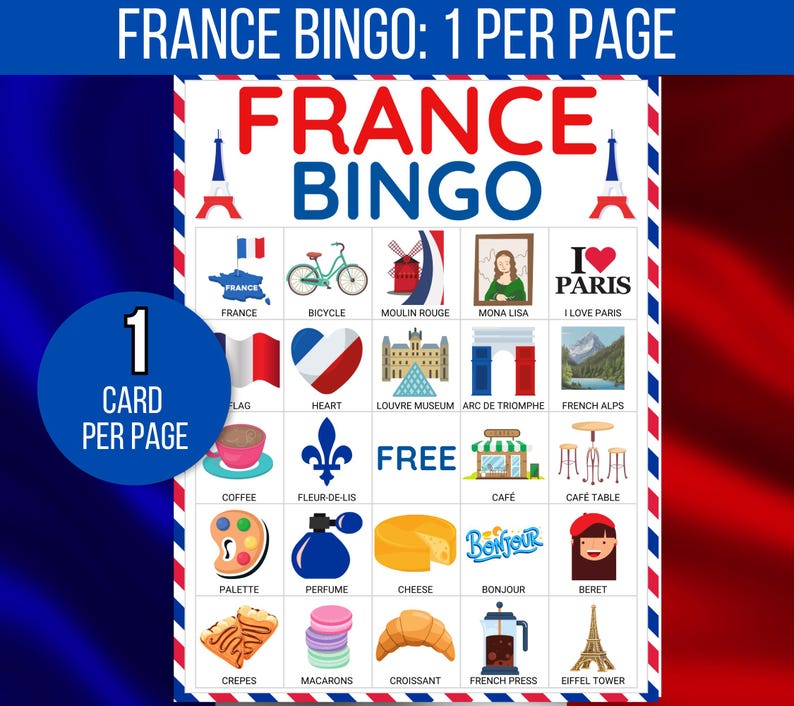 France Bingo, 30 France Bingo Cards, Travel Bingo, French Bingo, Travel ...