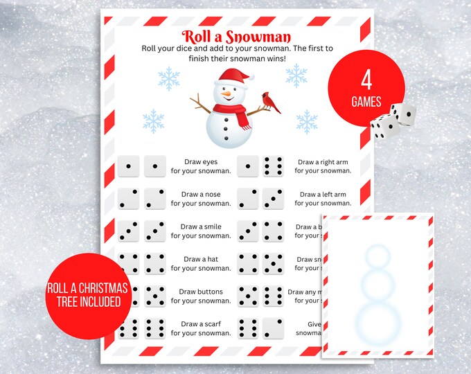 Holiday Roll a Snowman Dice Game Children's Game Card Build / Draw a ...