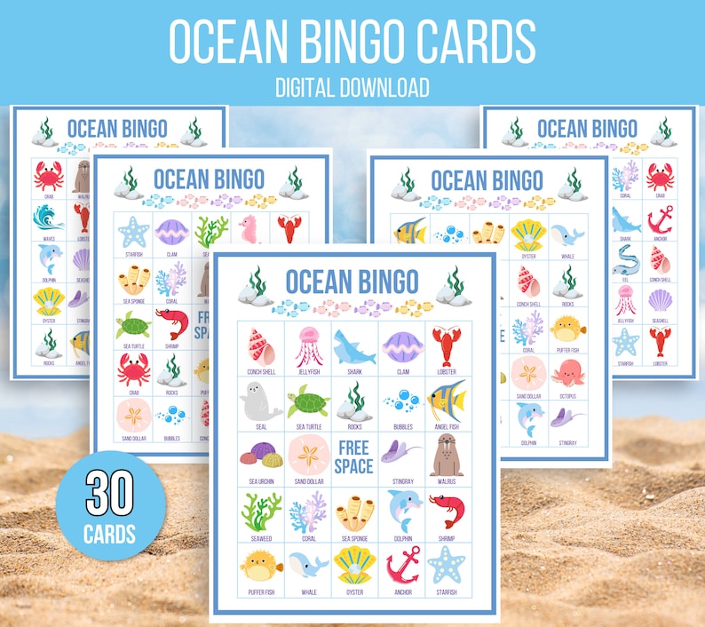 Ocean Bingo, Under the Sea Bingo, 30 Printable Ocean Bingo Cards, Ocean ...