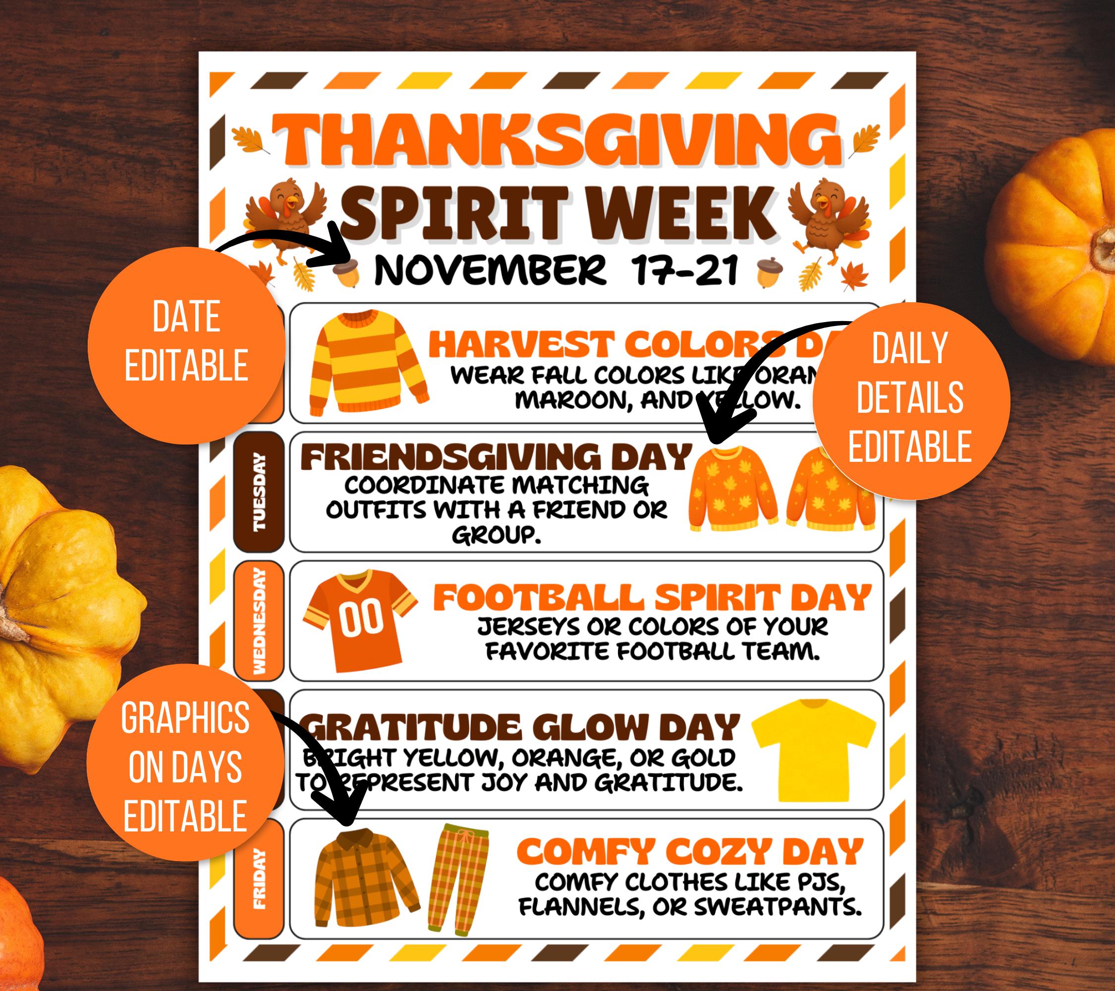 Customizable Thanksgiving School Spirit Week Flyer, Customizable ...