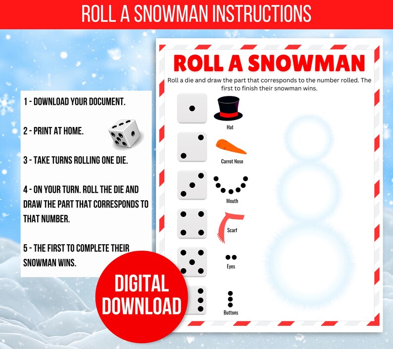 Roll a Snowman Printable, Roll a Christmas Tree, Roll a Dice Bundle ...