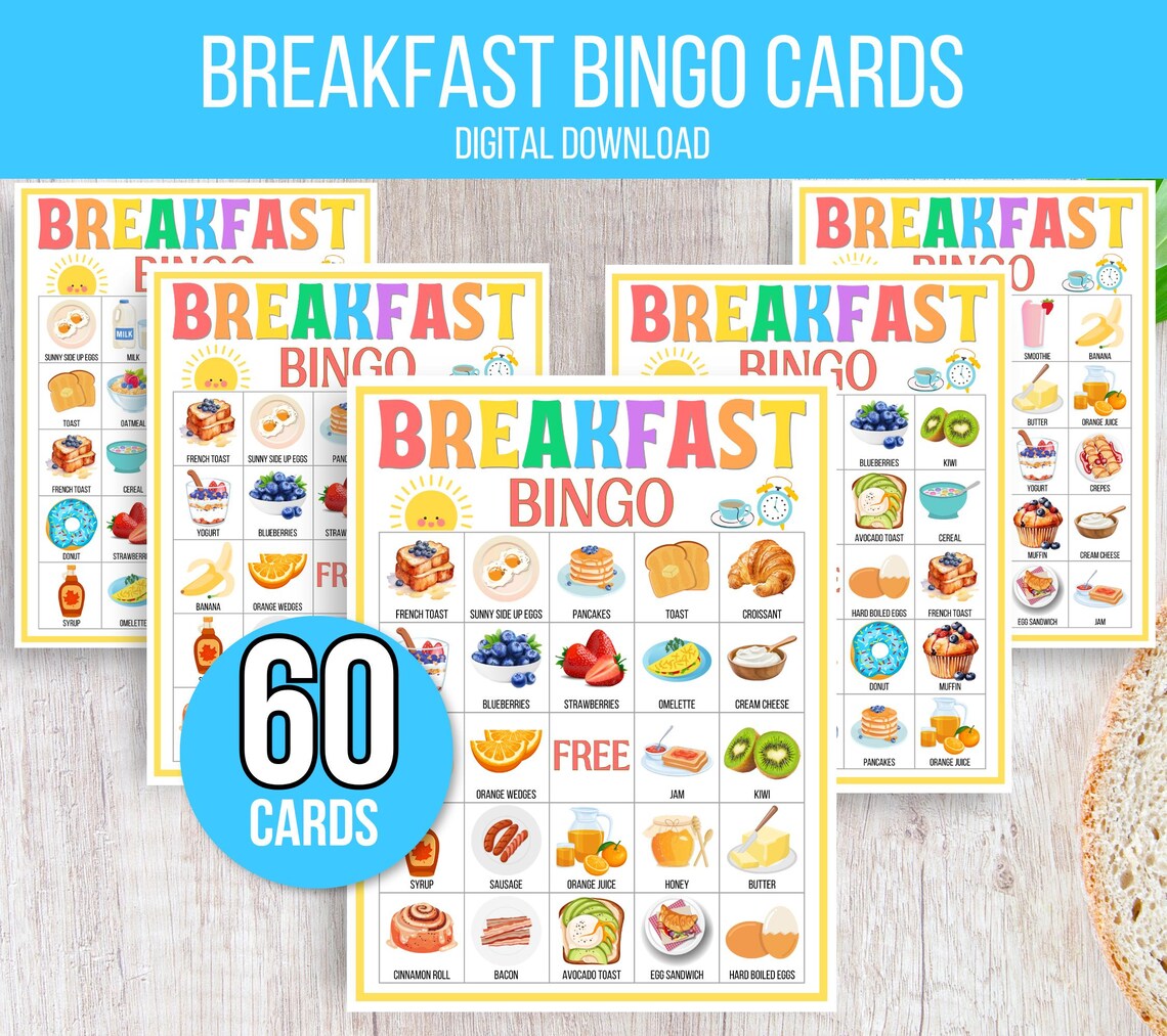 Breakfast Bingo, 60 Printable Breakfast Bingo Cards, Breakfast Bingo ...