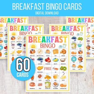Breakfast Bingo, 60 Printable Breakfast Bingo Cards, Breakfast Bingo ...