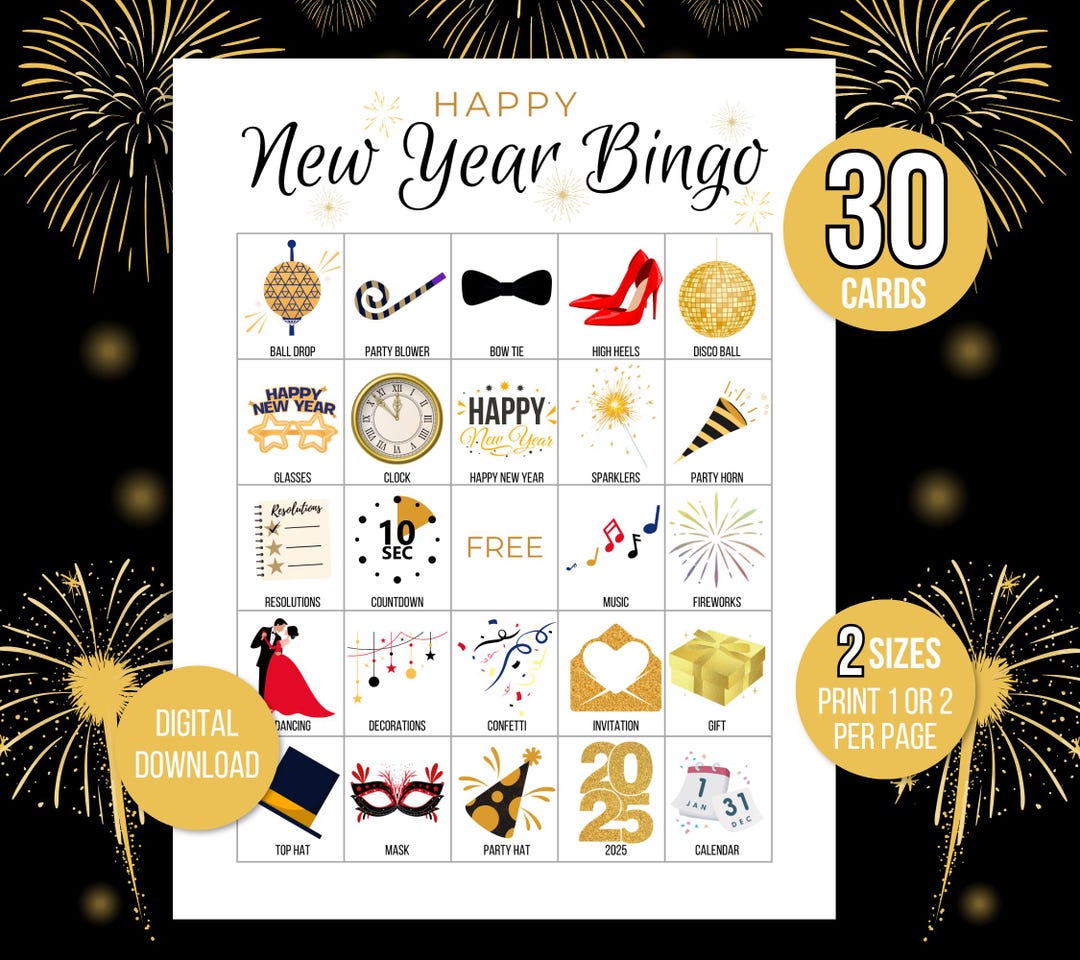 New Year's Bingo, 30 Happy New Year's Eve Bingo Cards, New Year's ...