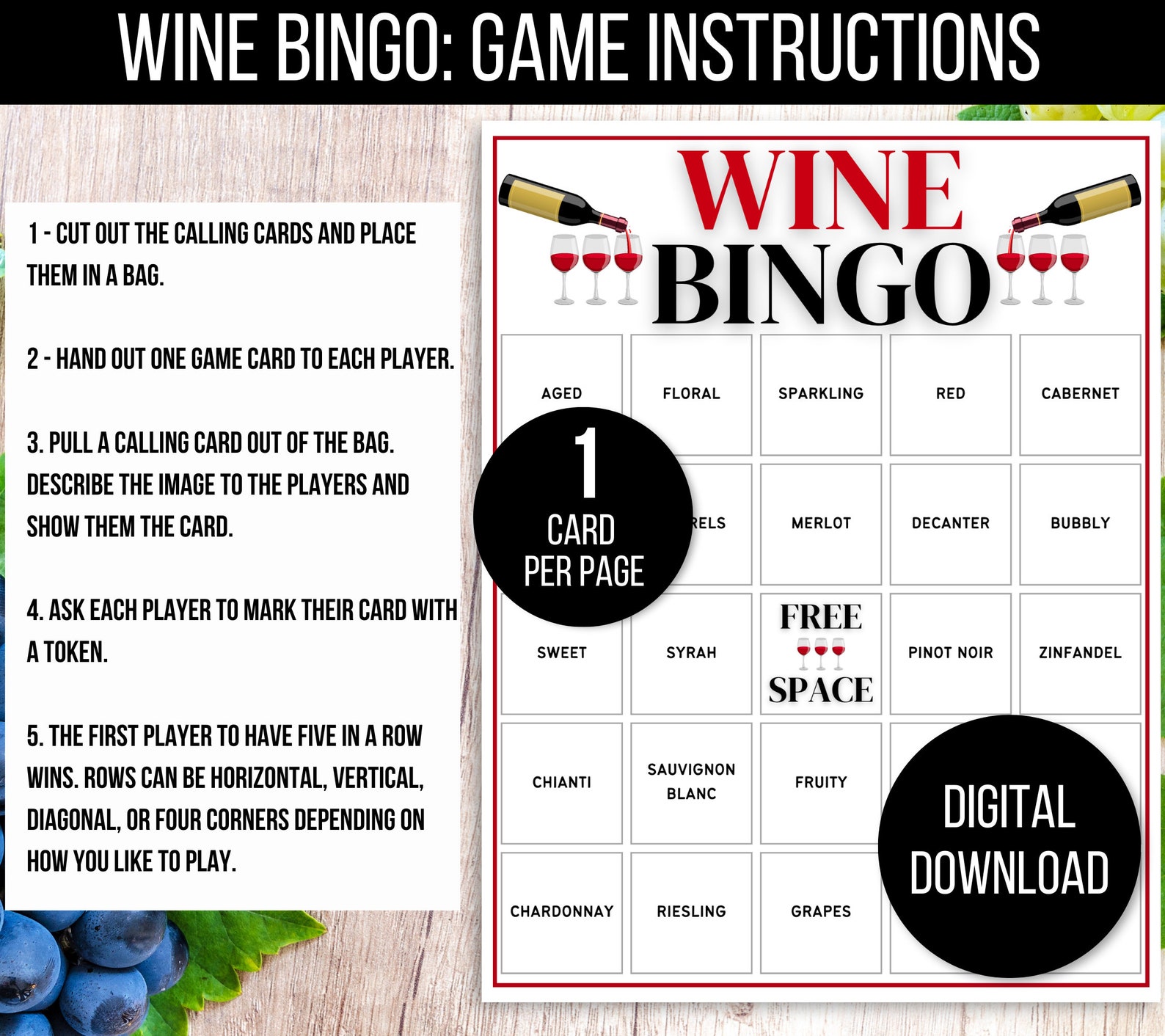 Wine Bingo, 30 Printable Wine Bingo Cards, Wine Game Night, Wine Party ...