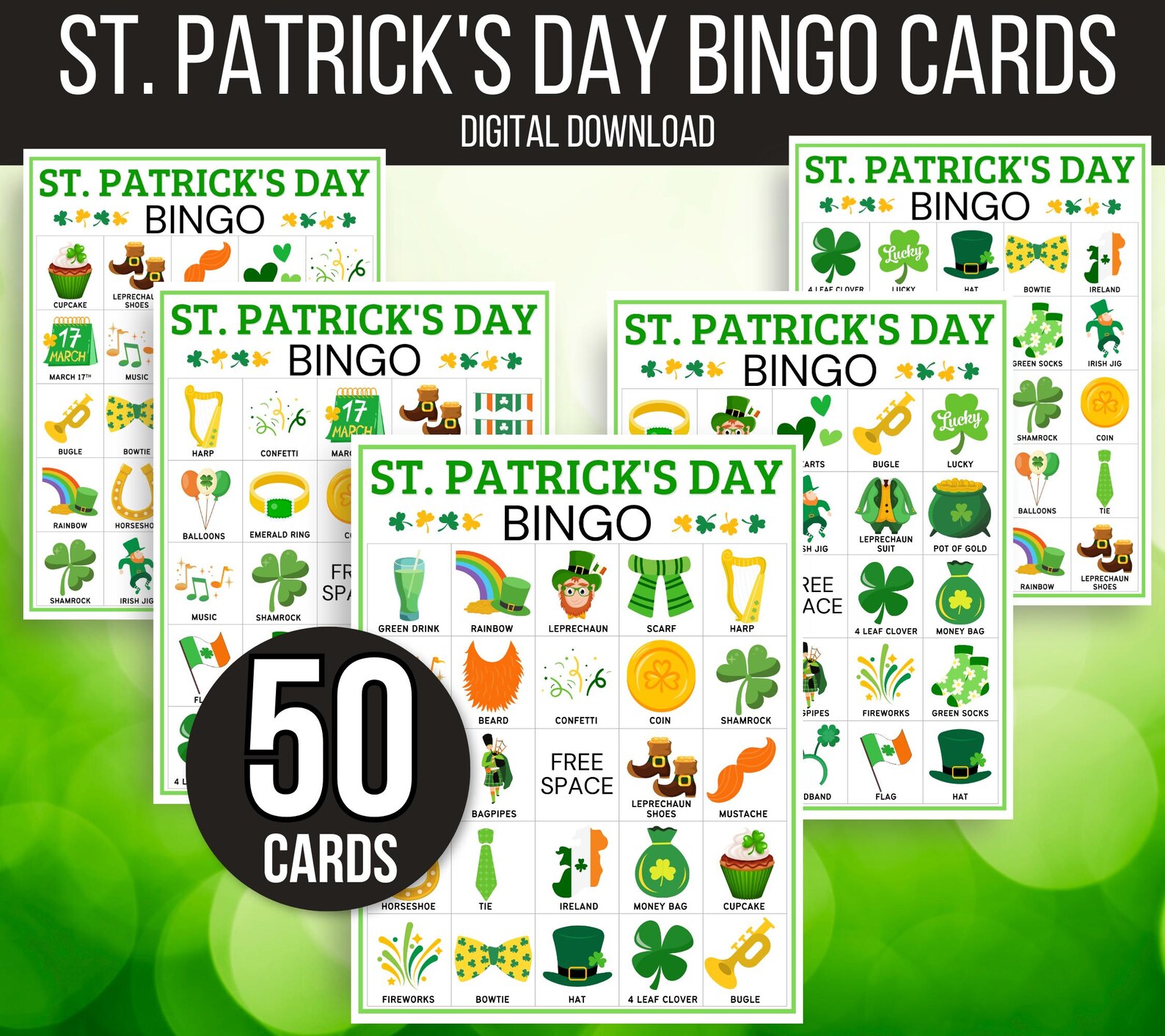 St. Patrick's Day Bingo, 50 St. Patrick's Bingo Cards, St. Patrick's ...