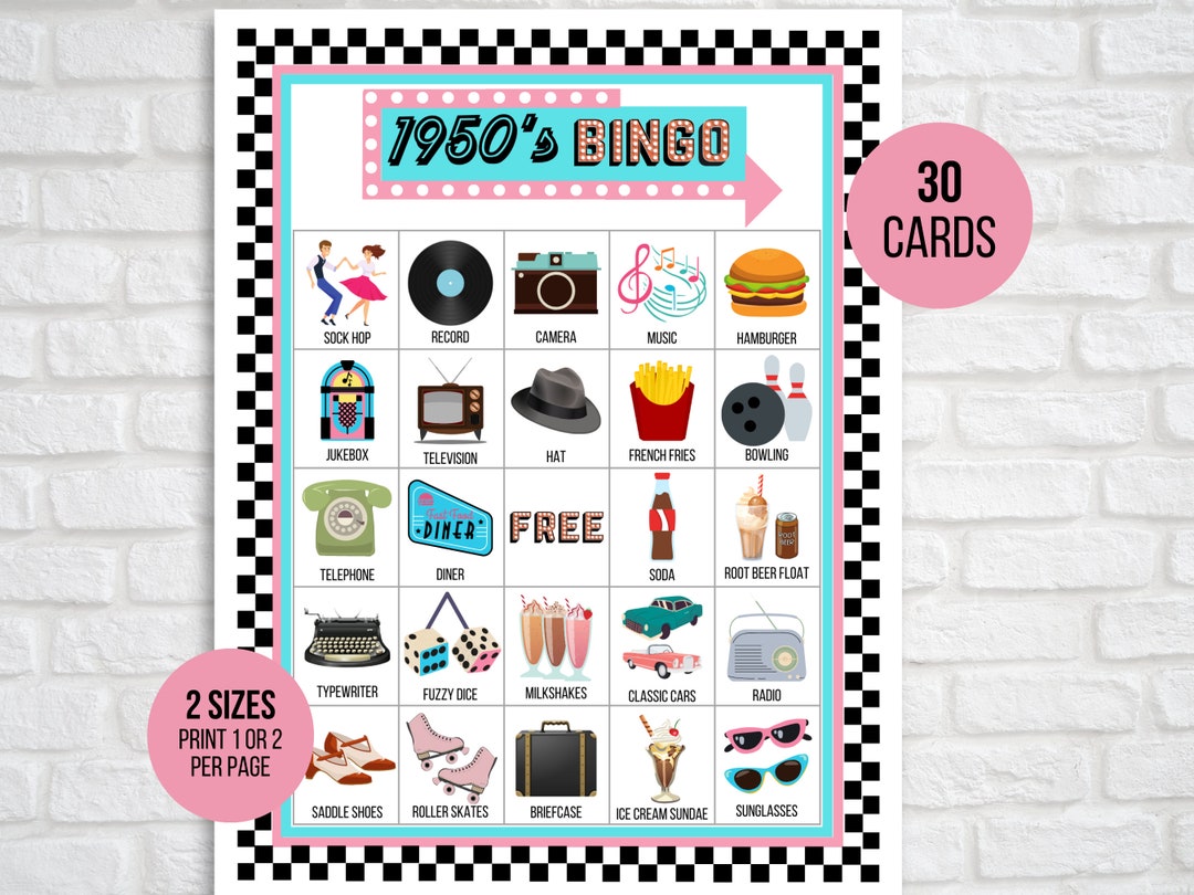 50s Bingo, 1950s Bingo, 30 Printable 1950s Bingo Cards, 50s Game, 50s ...