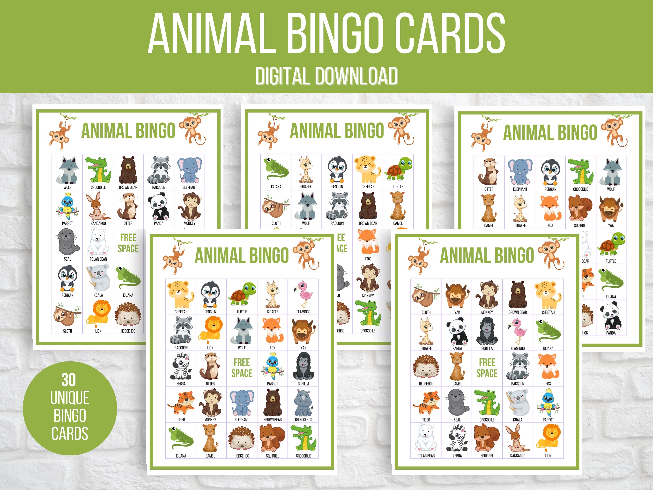 Animal Bingo 30 Printable Animal Bingo Cards Animal Party - Etsy