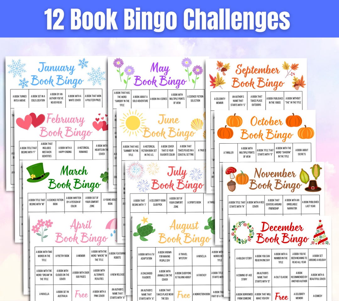 Book Bingo, 12 Monthly Book Bingo Challenges, Book Bingo for Adults ...