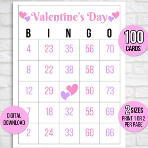 Valentine's Bingo, 100 Valentine's Day Bingo Cards, Valentine's Carte ...
