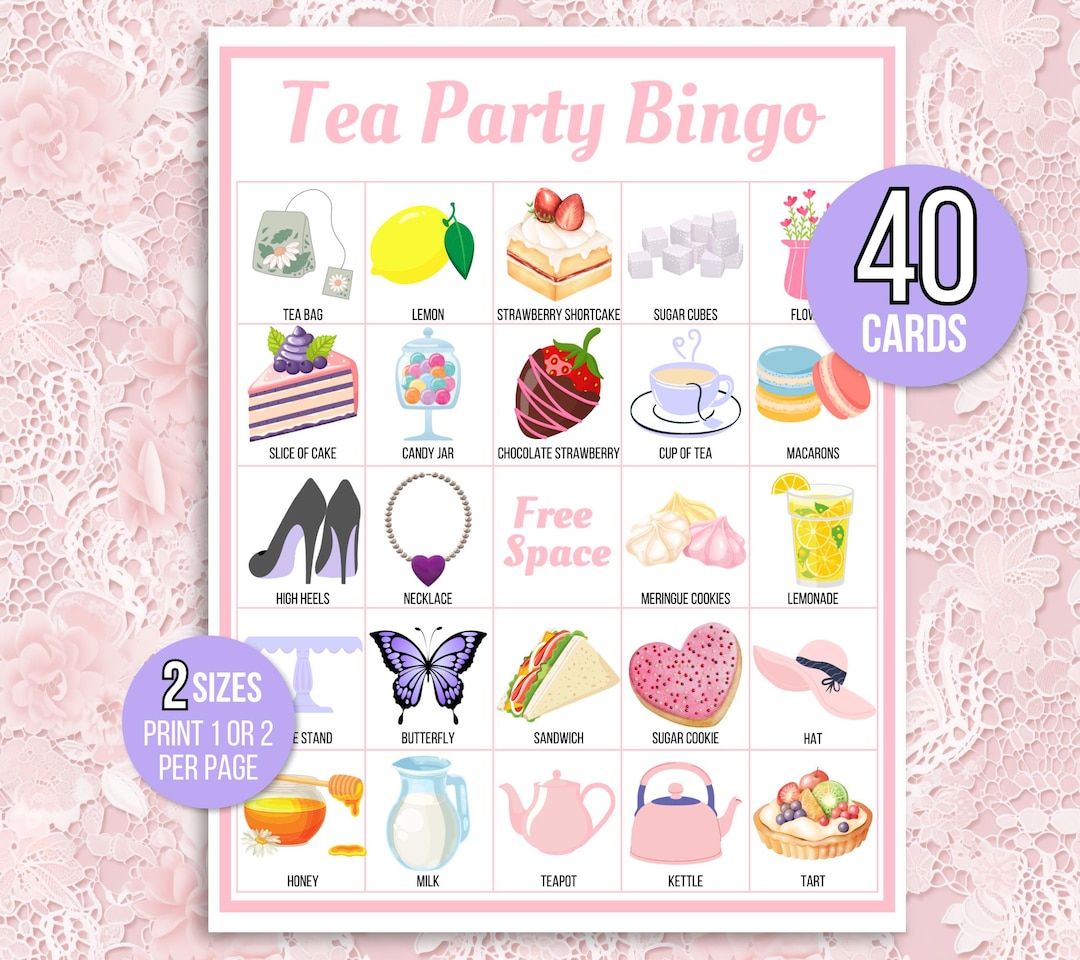 Tea Party Bingo, 40 Unique Printable Tea Party Bingo Cards, Tea Party ...