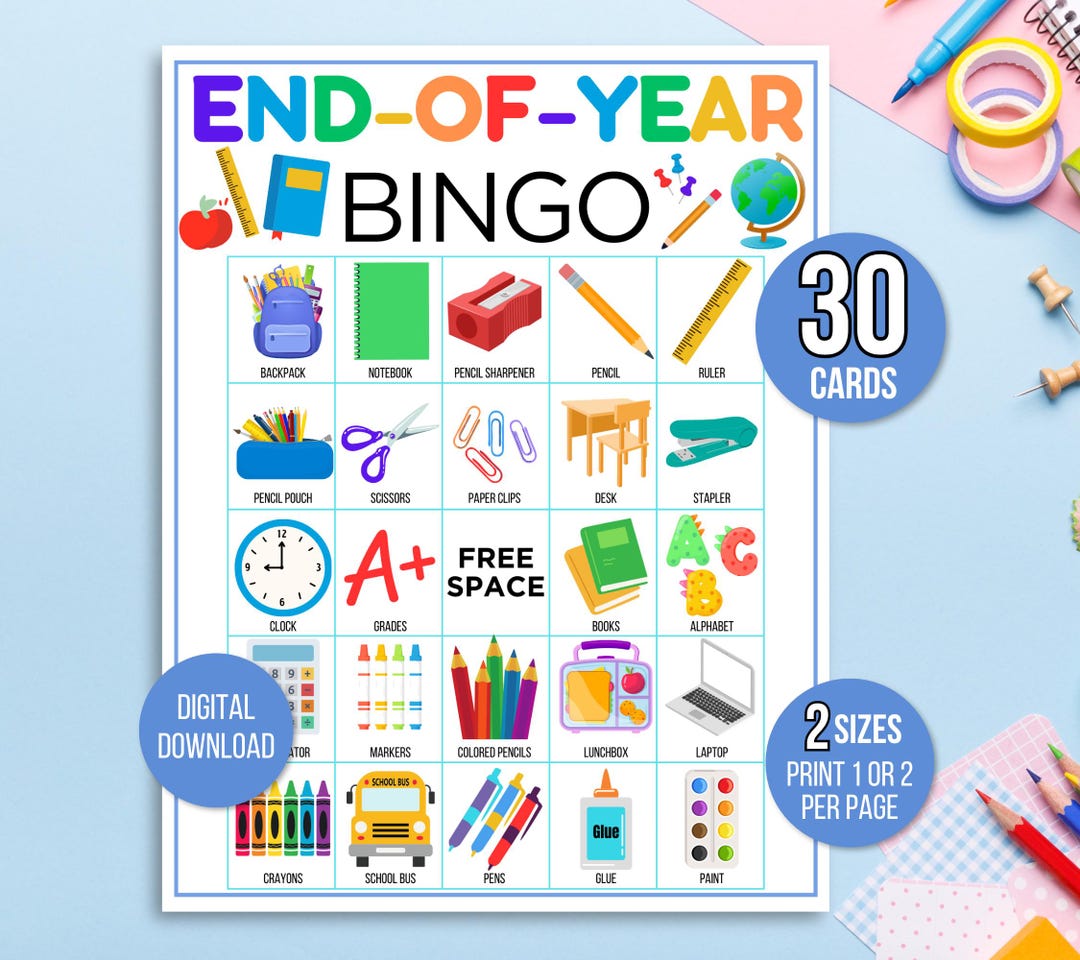 End of Year Bingo, 30 End of Year Bingo Cards, Last Day of School Bingo ...