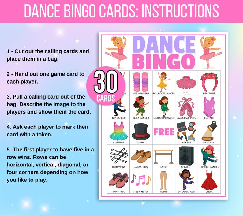 Dance Bingo, Ballet Bingo, Dance Game, Ballet Game, Dance Bingo Cards ...