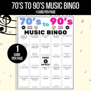 70s, 80s, 90s Music Bingo, Decades of Hits Bingo, 70s to 90s Bingo, 70s ...