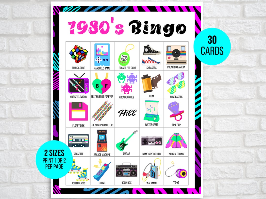 80s Bingo, 1980s Bingo, Retro Bingo, 30 Printable 1980s Bingo Cards ...
