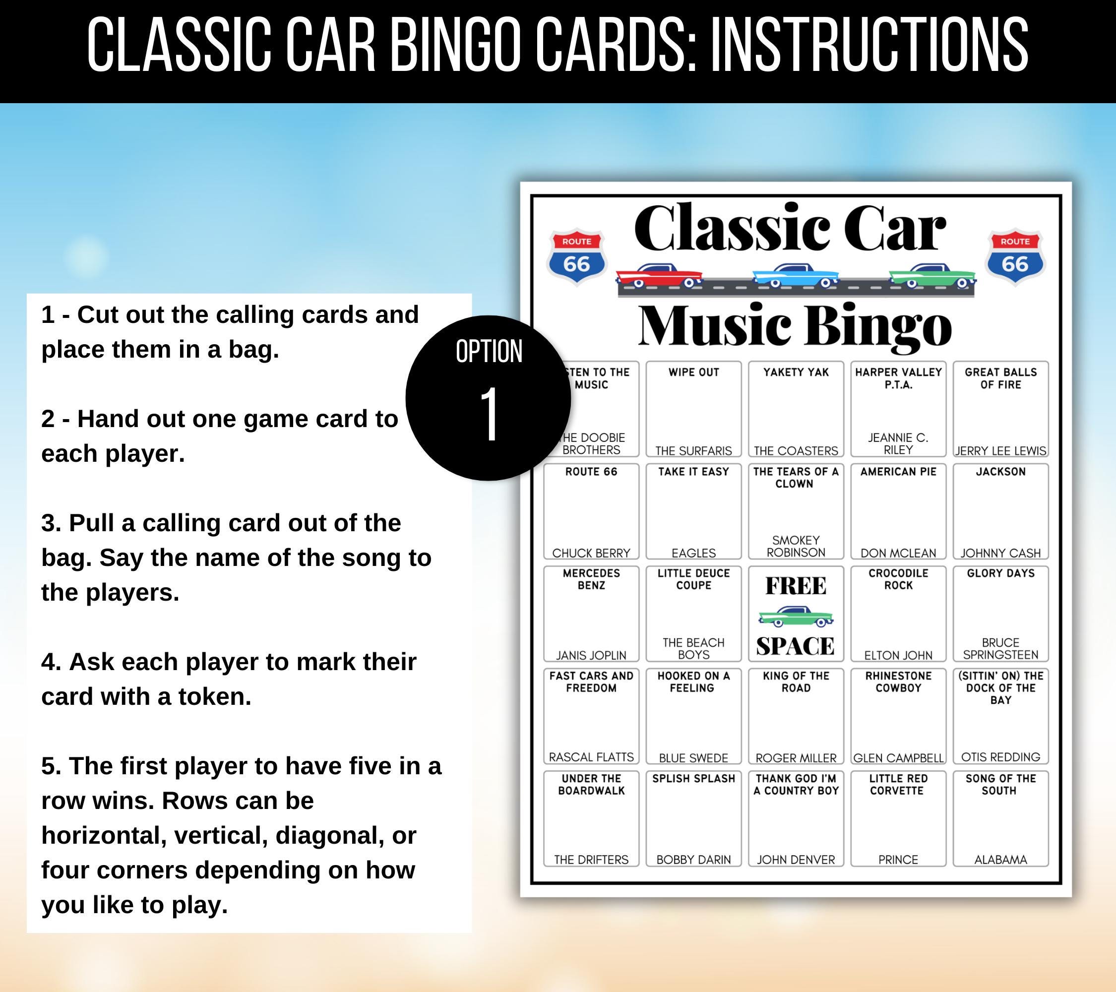 Music Bingo, Classic Car Music Bingo, Oldies Song Bingo, Oldies Music ...