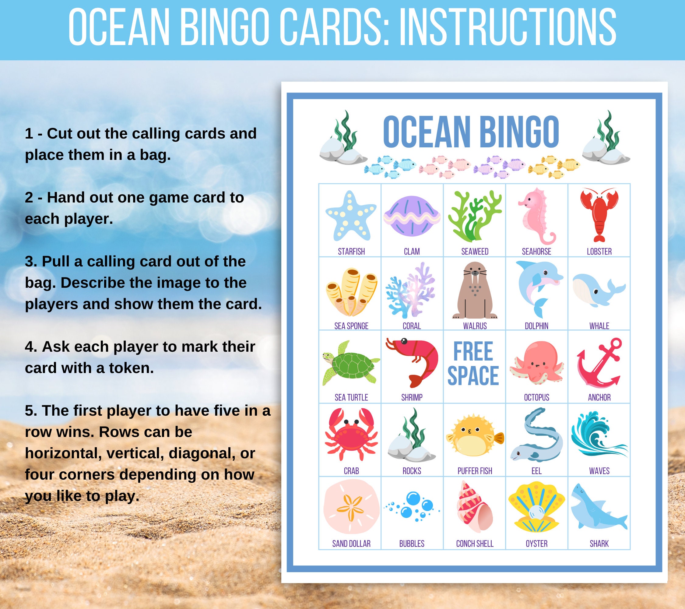 Ocean Bingo, Under the Sea Bingo, 30 Printable Ocean Bingo Cards, Ocean ...
