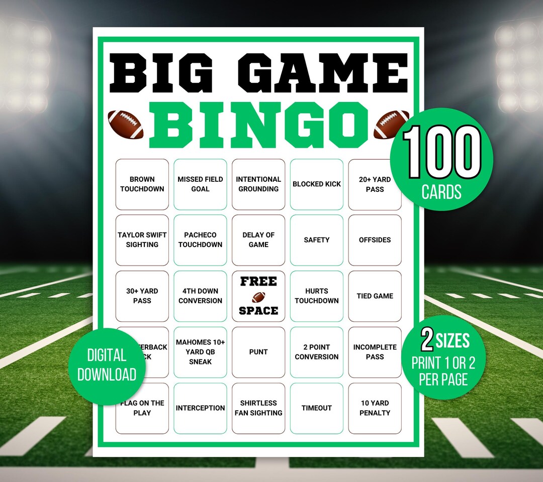 Big Game Bingo, Game Day Bingo, 100 Printable Football Bingo Cards ...