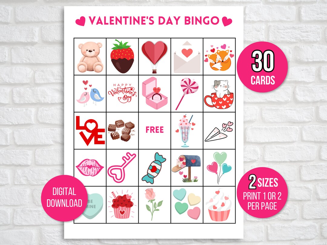 Valentine's Bingo, 30 Valentine's Day Bingo Cards for Kids, Valentines ...