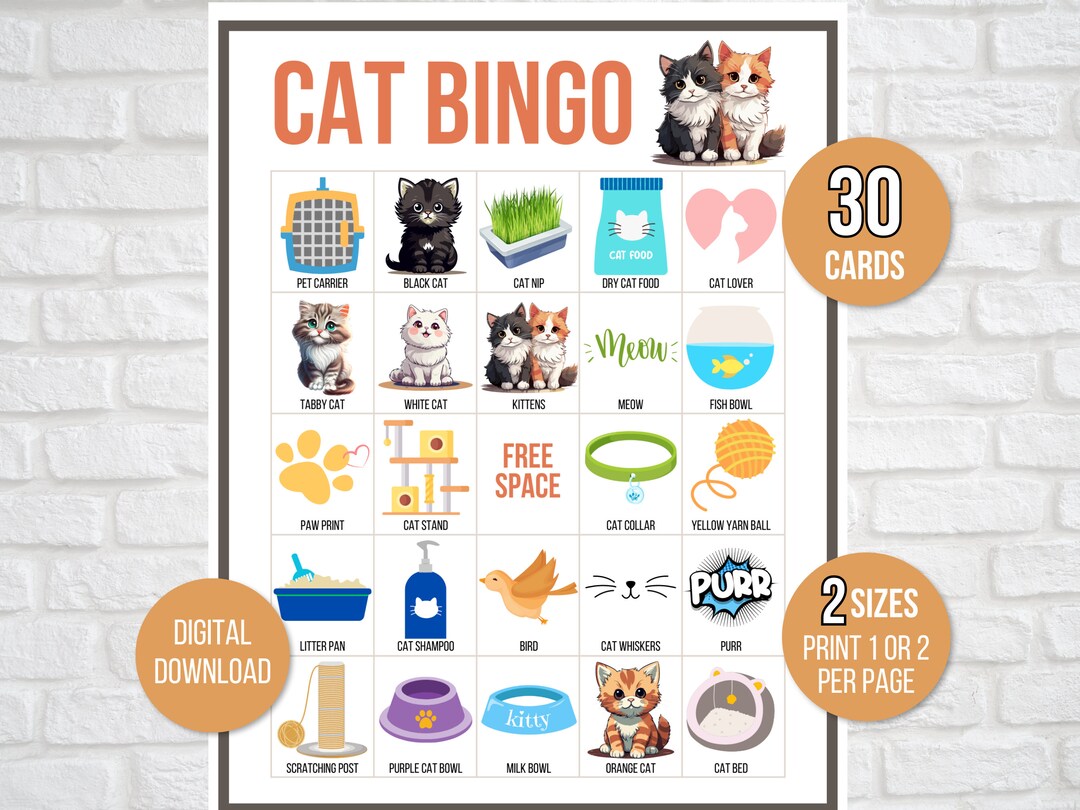 Cat Bingo, 30 Printable Cat Bingo Cards, Cat Birthday Party Game, Cat ...