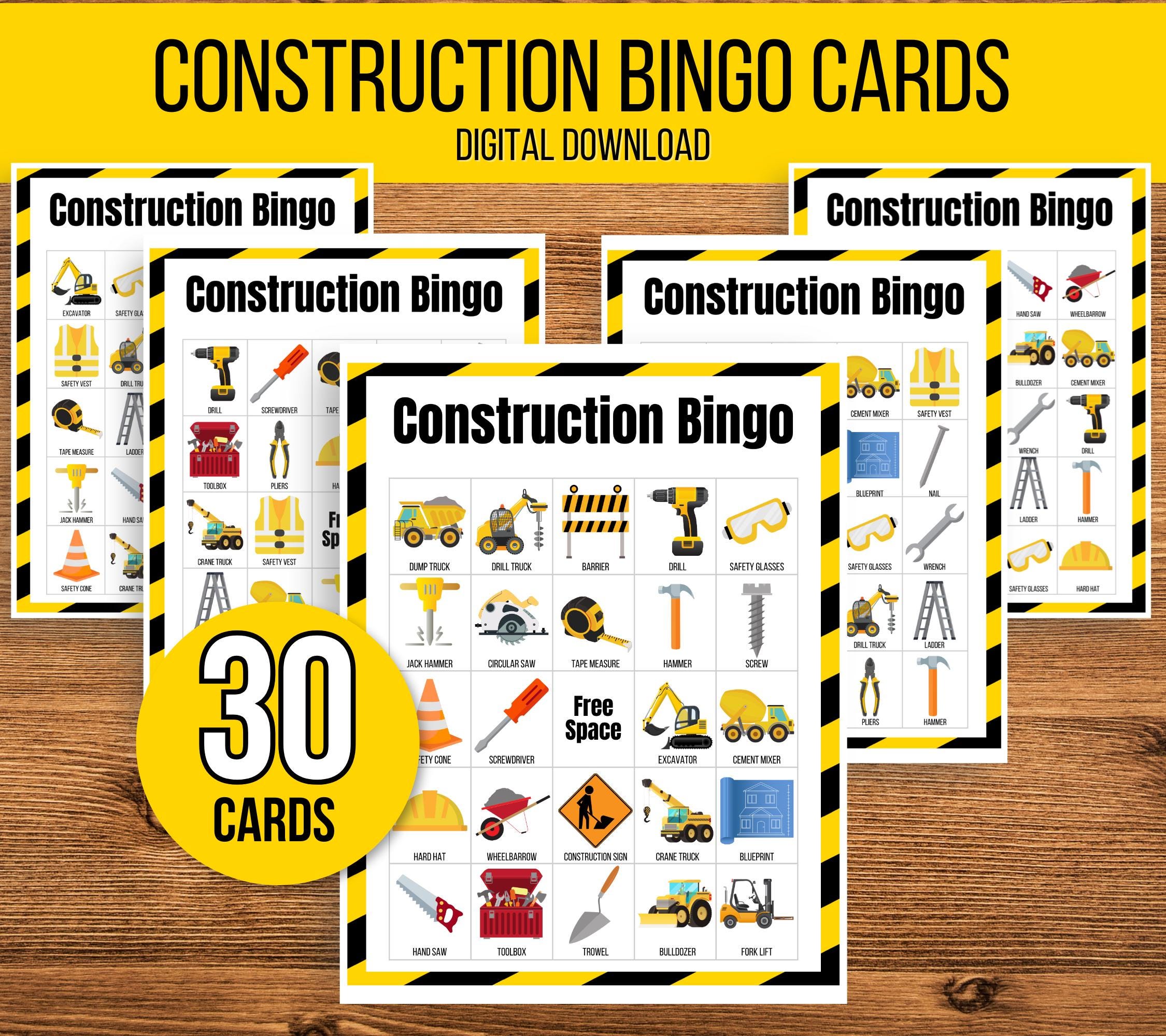 Construction Bingo, 30 Printable Construction Bingo Cards, Construction ...