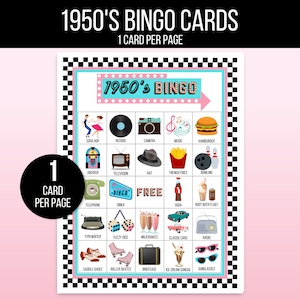 50s Bingo, 1950s Bingo, 30 Printable 1950s Bingo Cards, 50s Game, 50s ...