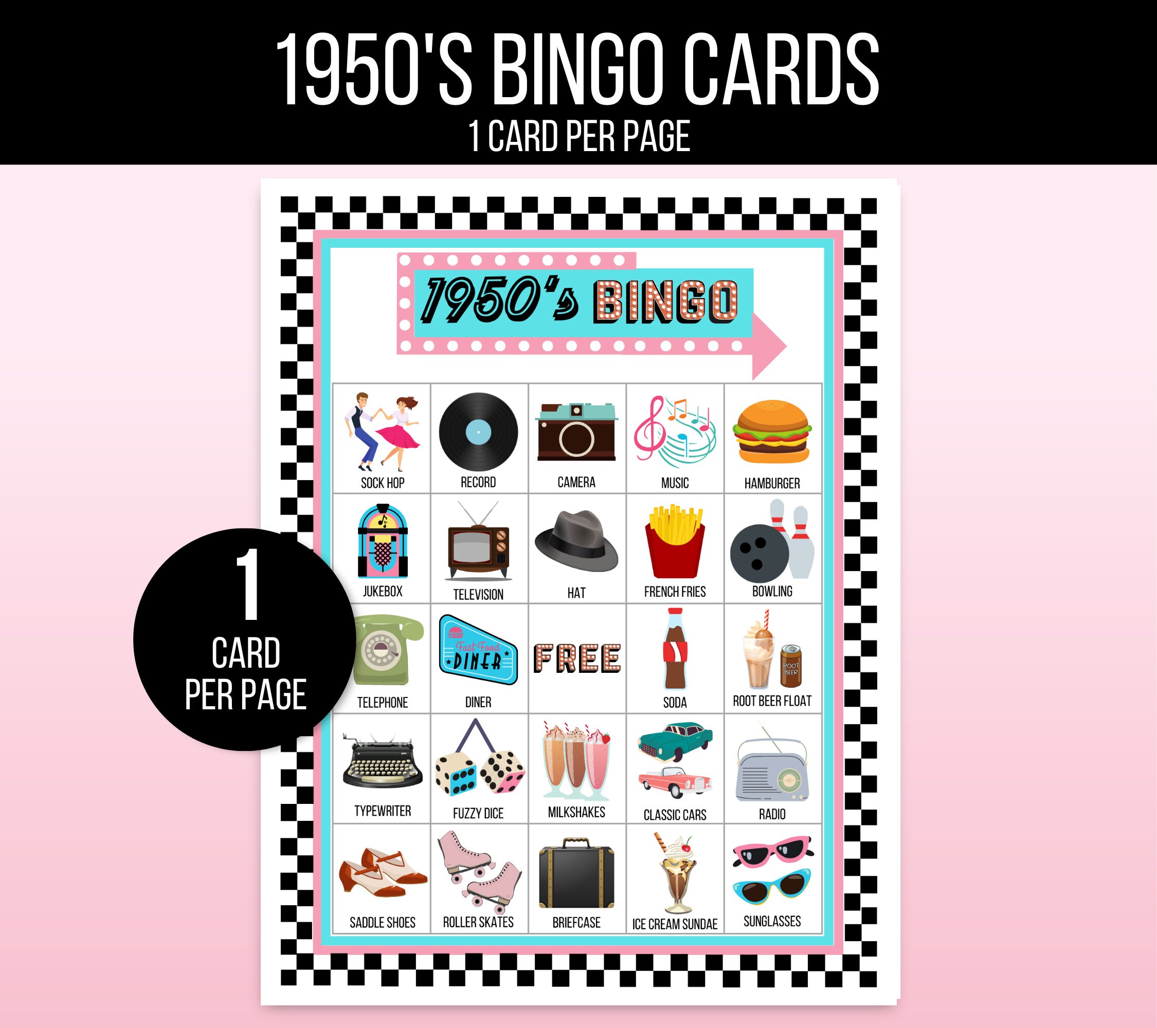 50s Bingo, 1950s Bingo, 30 Printable 1950s Bingo Cards, 50s Game, 50s ...