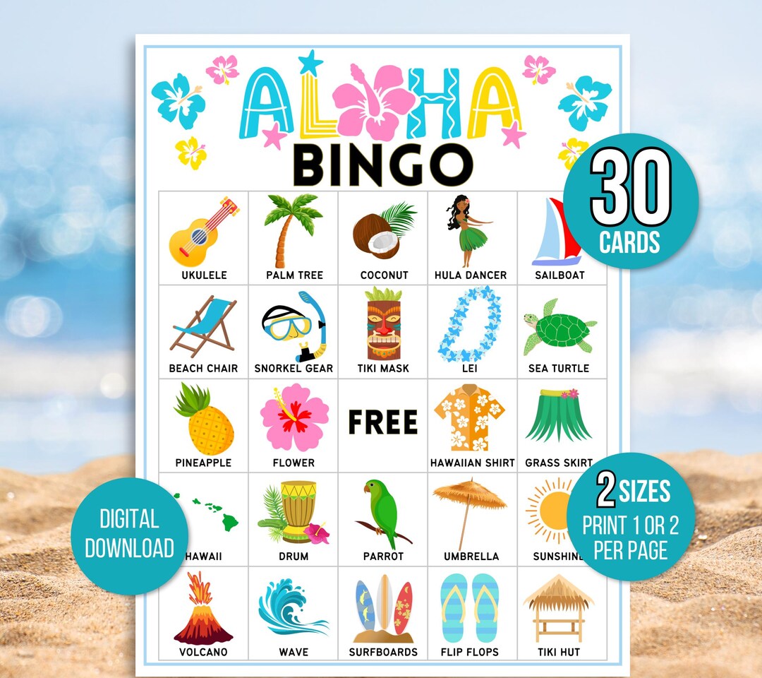 Aloha Bingo, Luau Bingo, Hawaiian Bingo, 30 Printable Luau Bingo Cards ...