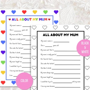All About My Mom Fill in the Blanks Questionnaire, Mother's Day Craft ...
