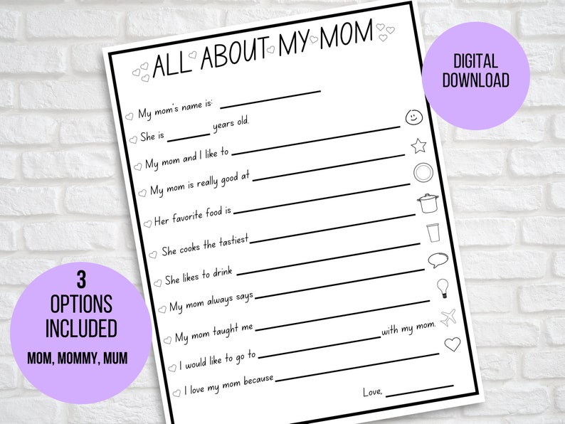 All About My Mom Fill in the Blanks Questionnaire - Etsy