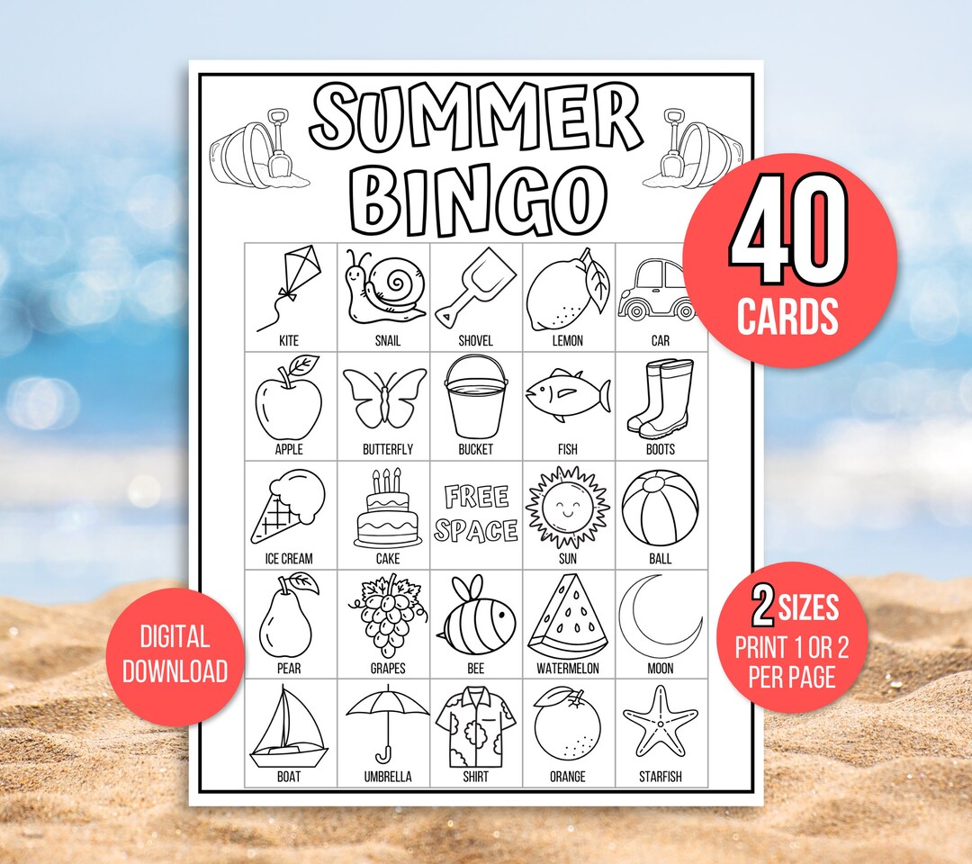Summer Bingo, 40 Summer Bingo Cards, Coloring Bingo Game, Summer Game ...