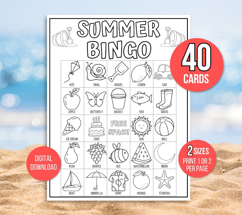 Summer Bingo, 40 Summer Bingo Cards, Coloring Bingo Game, Summer Game ...