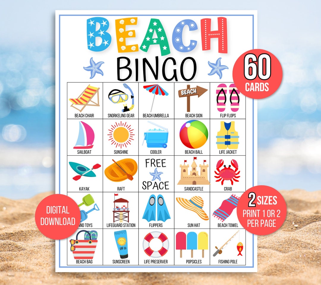 Beach Bingo, 60 Beach Bingo Cards, Summer Bingo, Fun in the Sun Bingo ...