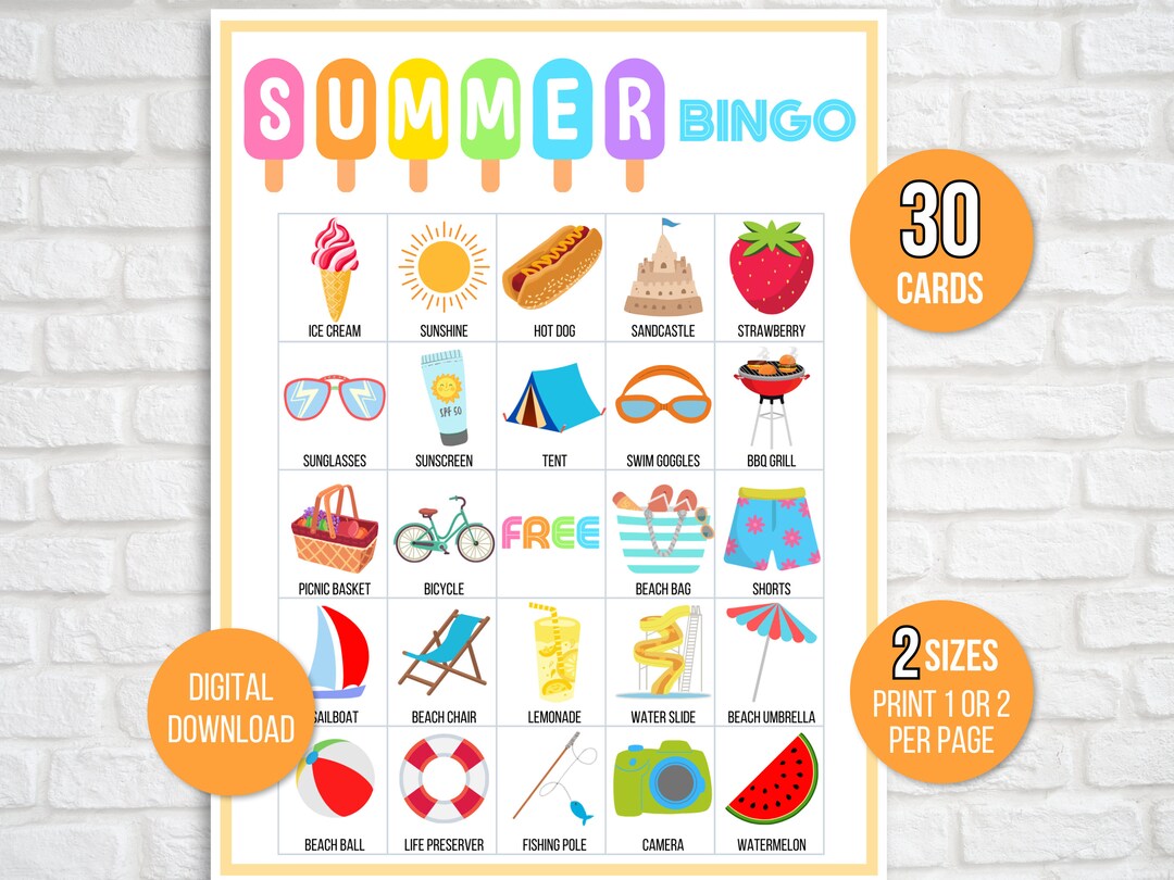 Summer Bingo, 30 Unique Printable Summer Bingo Cards, Summer Game ...