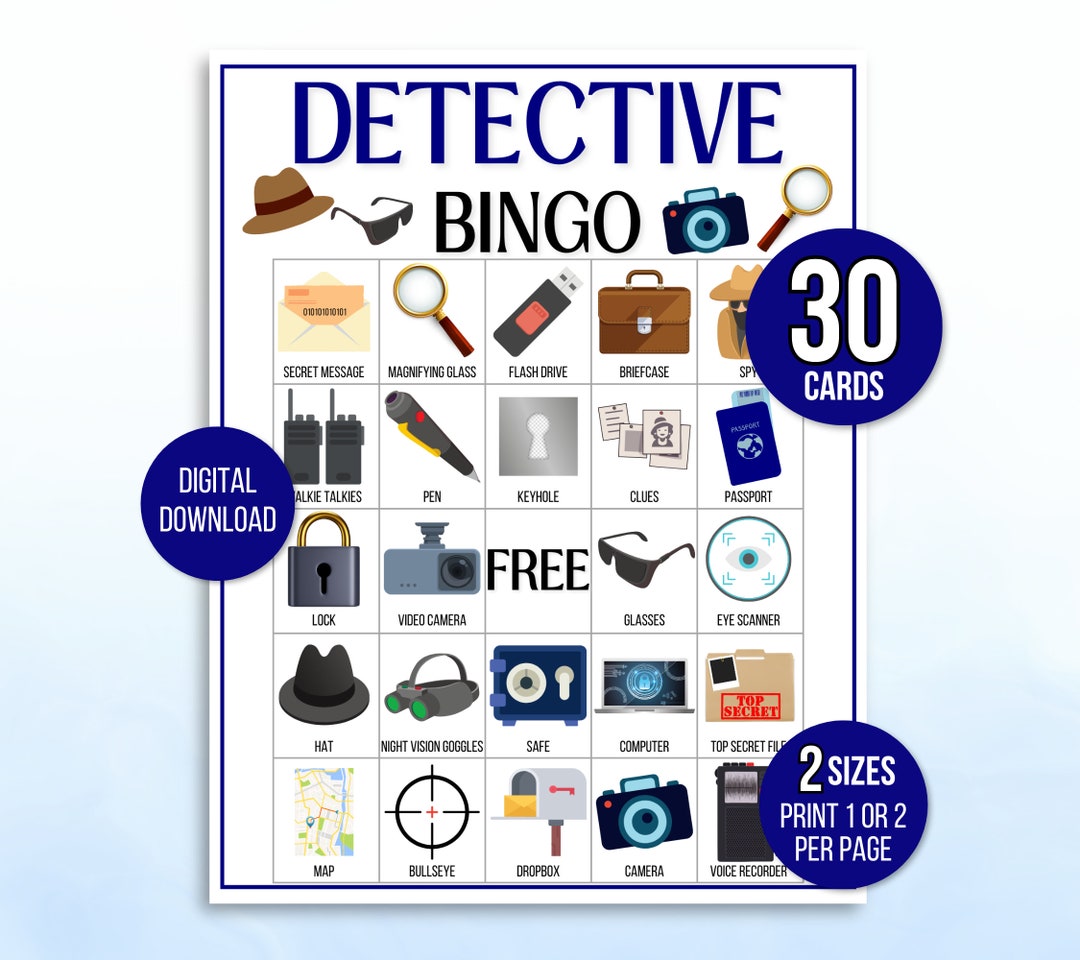 Detective Bingo, 30 Detective Bingo Cards, Spy Bingo, Secret Agent ...