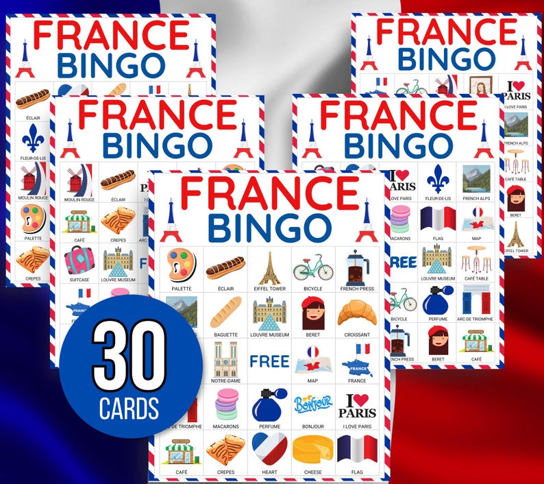 France Bingo, 30 France Bingo Cards, Travel Bingo, French Bingo, Travel ...