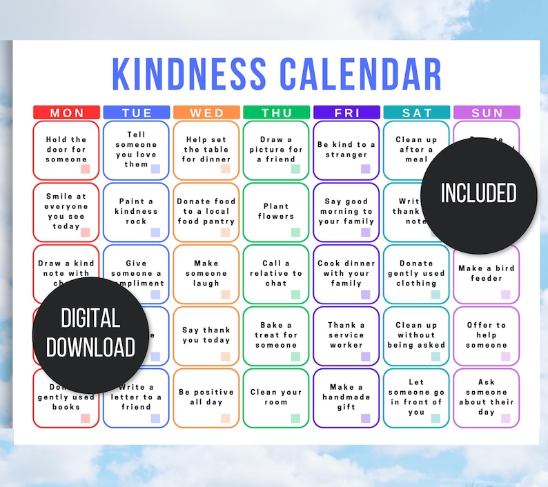 Kindness Calendar, Acts of Kindness Calendar, Kid's Kindness Challenge ...