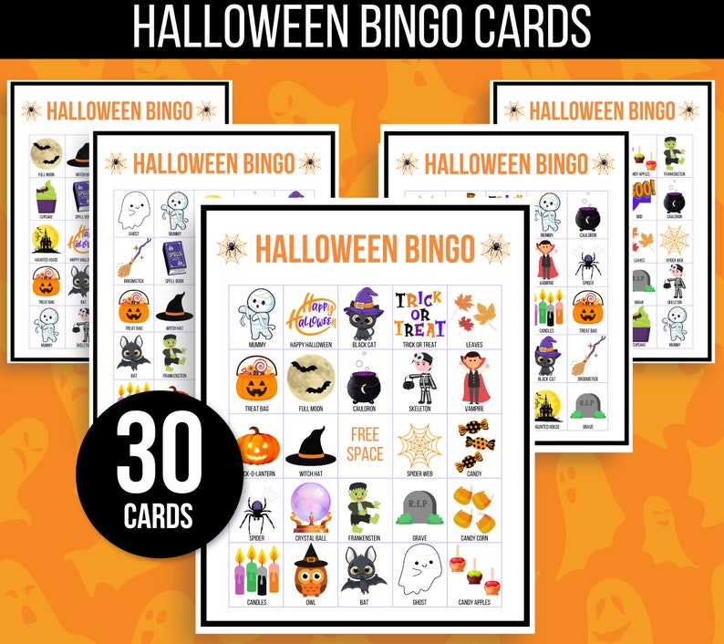 Halloween Bingo, 30 Halloween Bingo Cards, Halloween Activity, Kids ...