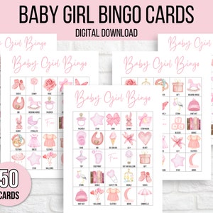 Baby Girl Bingo, 50 Baby Shower Bingo Cards, Baby Girl Shower Printable ...