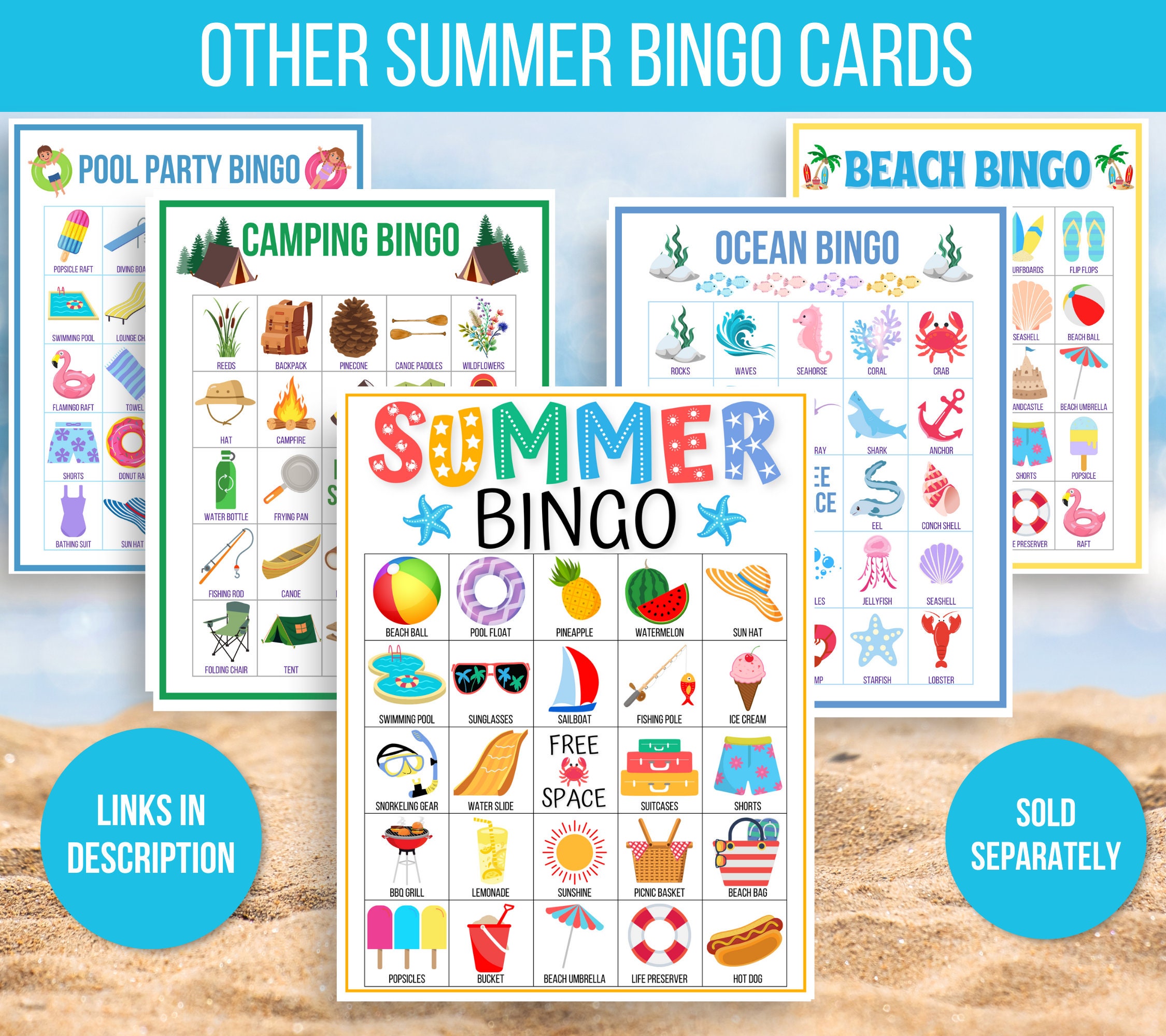 Beach Bingo, Fun in the Sun Bingo, 30 Printable Beach Bingo Cards ...
