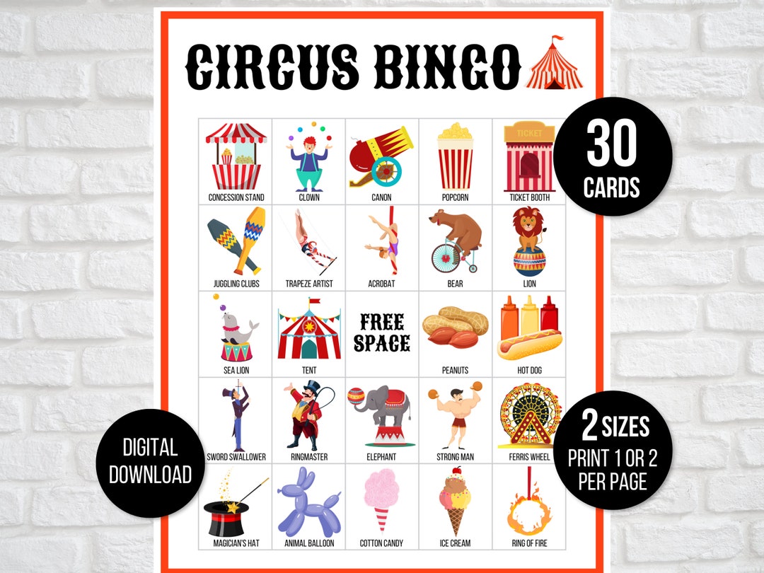 Circus Bingo, 30 Printable Circus Bingo Cards, Circus Party Game ...