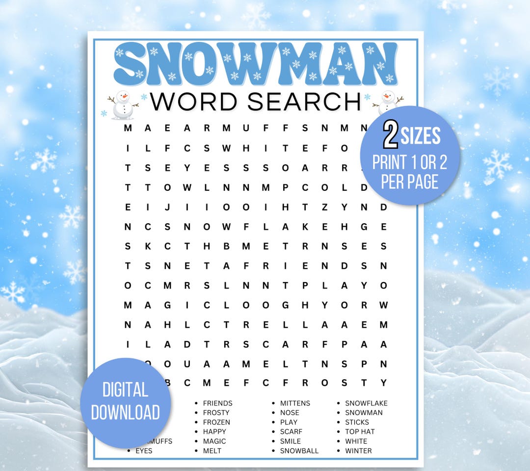 Snowman Word Search, Fun Snowman Game, Printable Snowman Game, Snowman ...