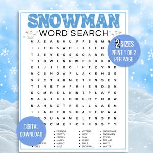 Snowman Word Search, Fun Snowman Game, Printable Snowman Game, Snowman ...
