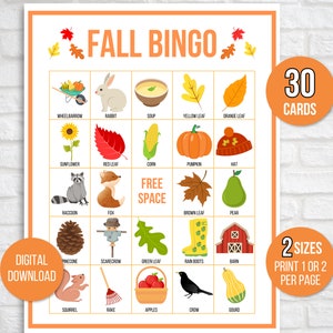 Fall Bingo, 30 Fall Bingo Cards, Fall Picture Bingo, Autumn Bingo ...