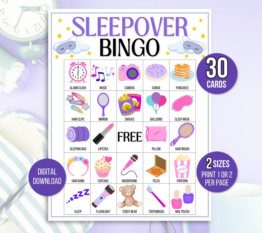 Sleepover Bingo, Sleepover Game, Slumber Party Bingo, Pajama Party ...