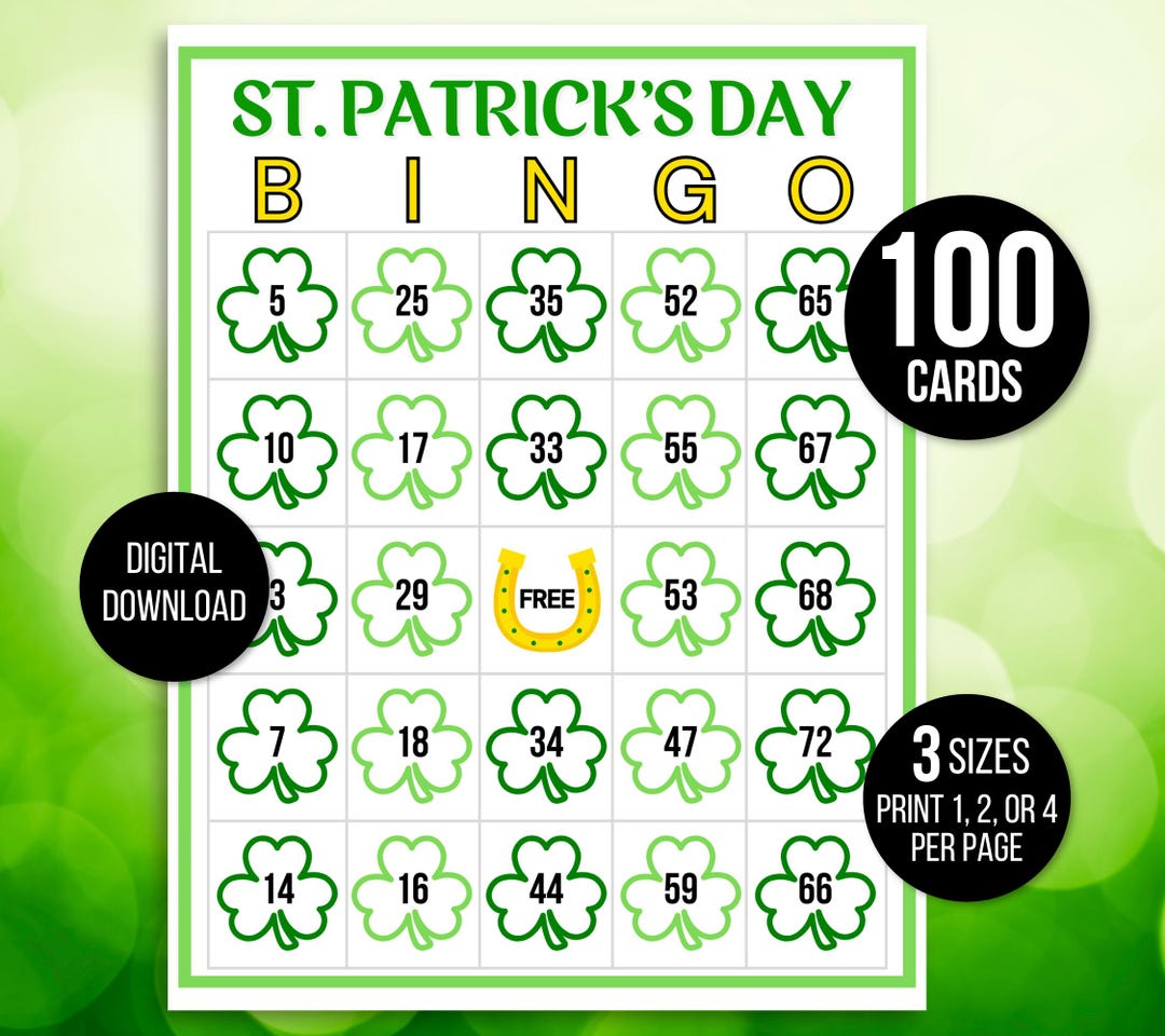 St. Patrick's Day Bingo, 100 St. Patrick's Day Bingo Cards, St. Patrick ...